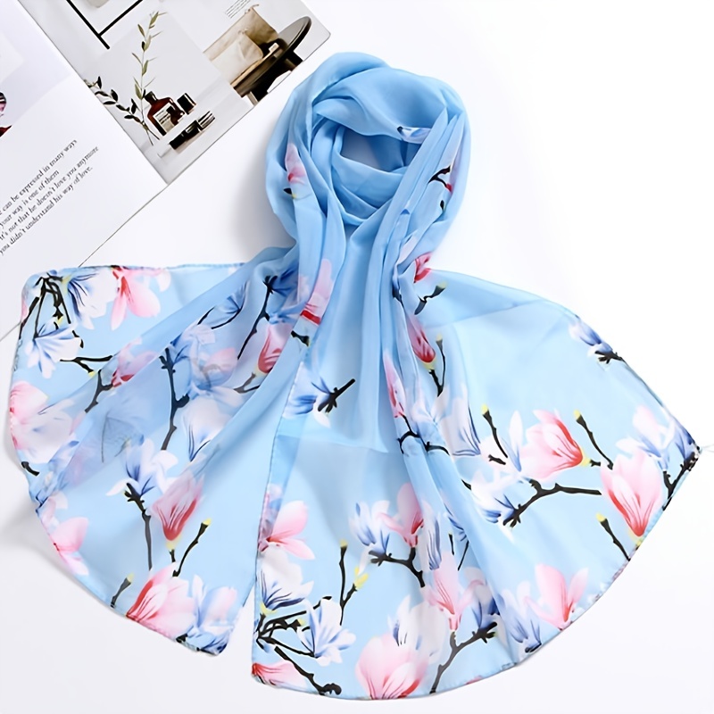 Elegant Flower Print Satin Scarf Imitation Silk Shawl Women - Temu ...
