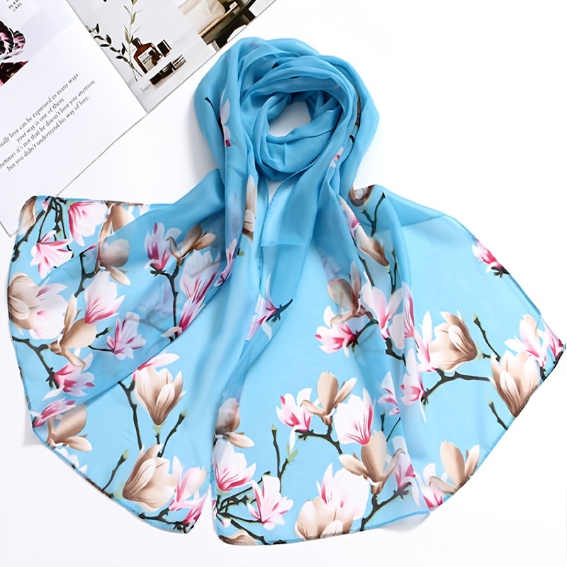 Elegant Flower Print Satin Scarf Imitation Silk Shawl Women - Temu ...