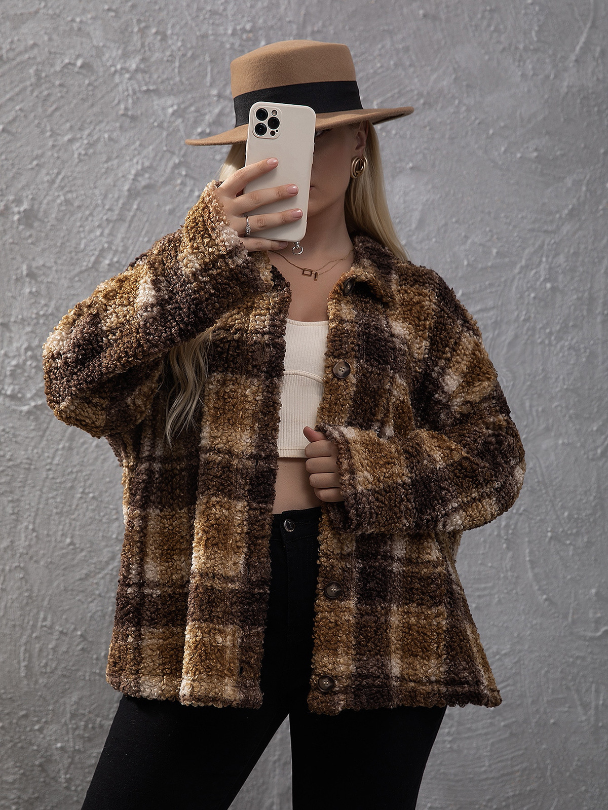 plus size pattern button front fleece outerwear - Temu Australia