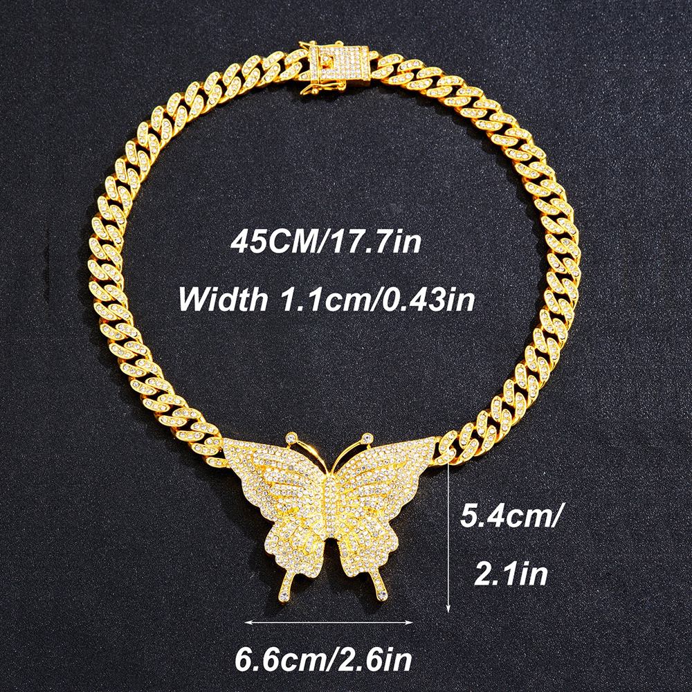 Hip Hop Cuban Link Chain Iced Butterfly Necklace - Temu