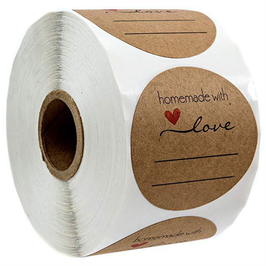 1 Roll Handmade With Love Stickers 500 Pieces Round Baking Kraft Label ...