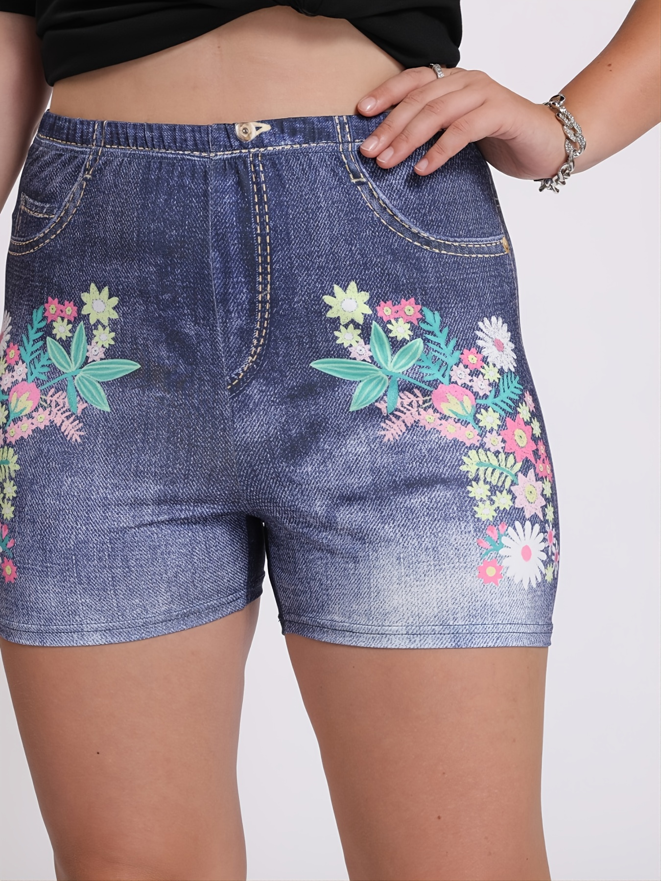 Plus Size Denim Print Floral Print High Stretch Biker Shorts - Temu Australia