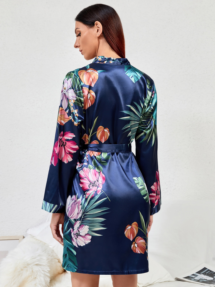 Elegant Floral Print House Robe Wide Sleeve Lounge Robe - Temu Netherlands