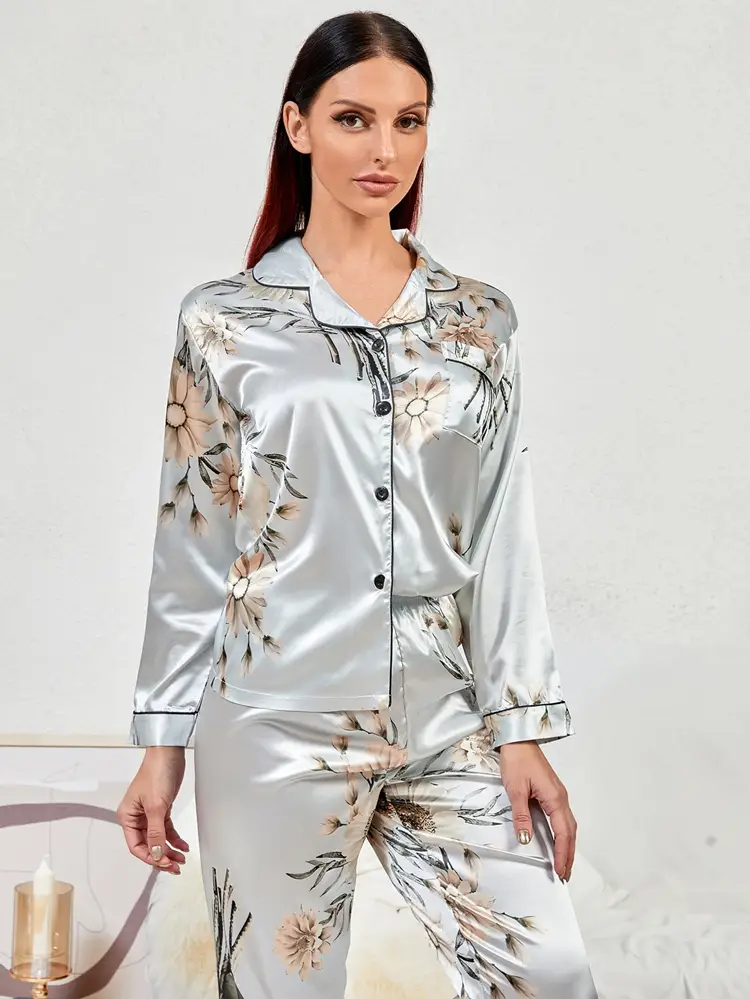 Soft Satin Floral Pajamas Set Lightweight Button Blouse Temu New Zealand