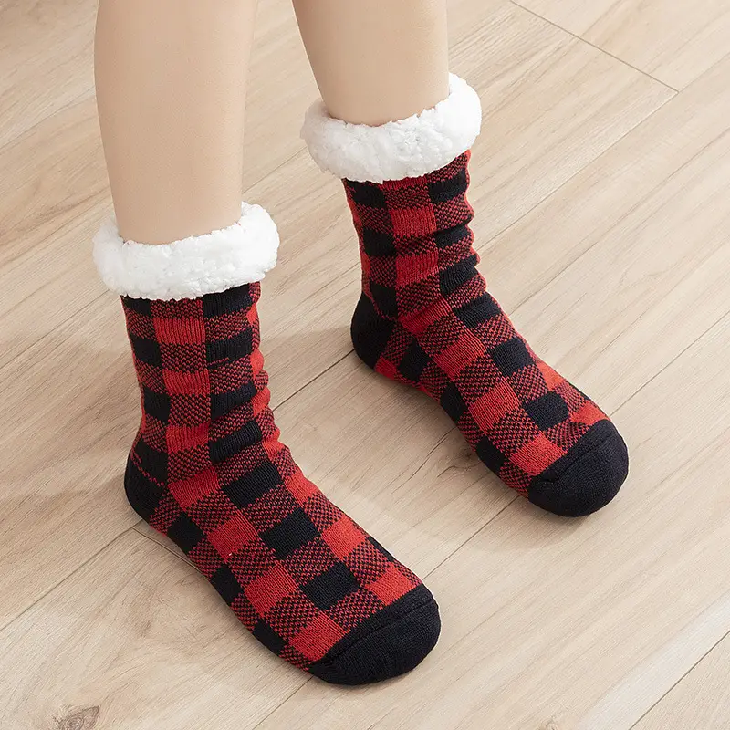 Christmas Plaid Womens Warm Fuzzy Slipper Socks Fluffy Socks Cozy Non