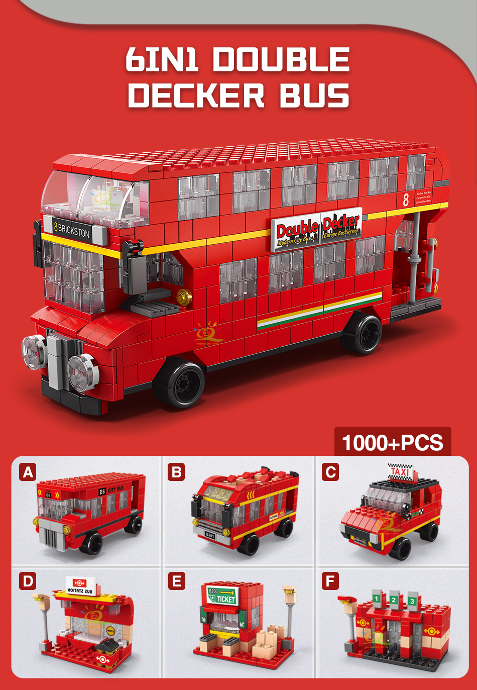 1000pcs City Red Double Decker Bus Station Model Sets - Temu