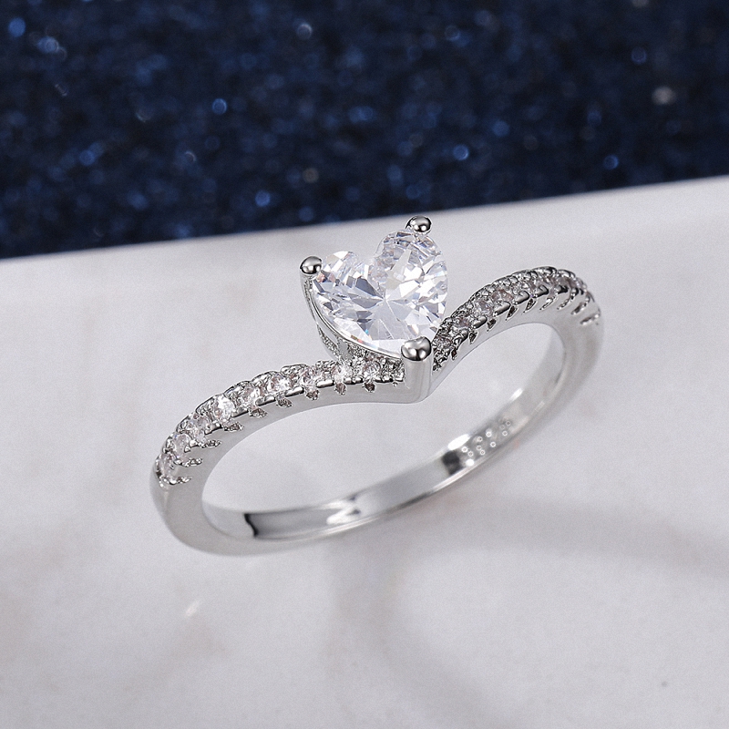 V Shape Silver Plated Ring Brilliant Heart Shape Cubic Zircon Woman Daily Wearable Fashion ...