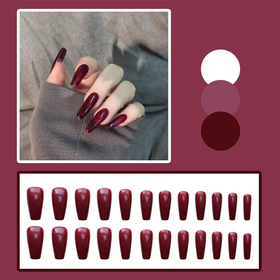 Long Burgundy Glossy Press Nails Reusable Nails Women - Temu