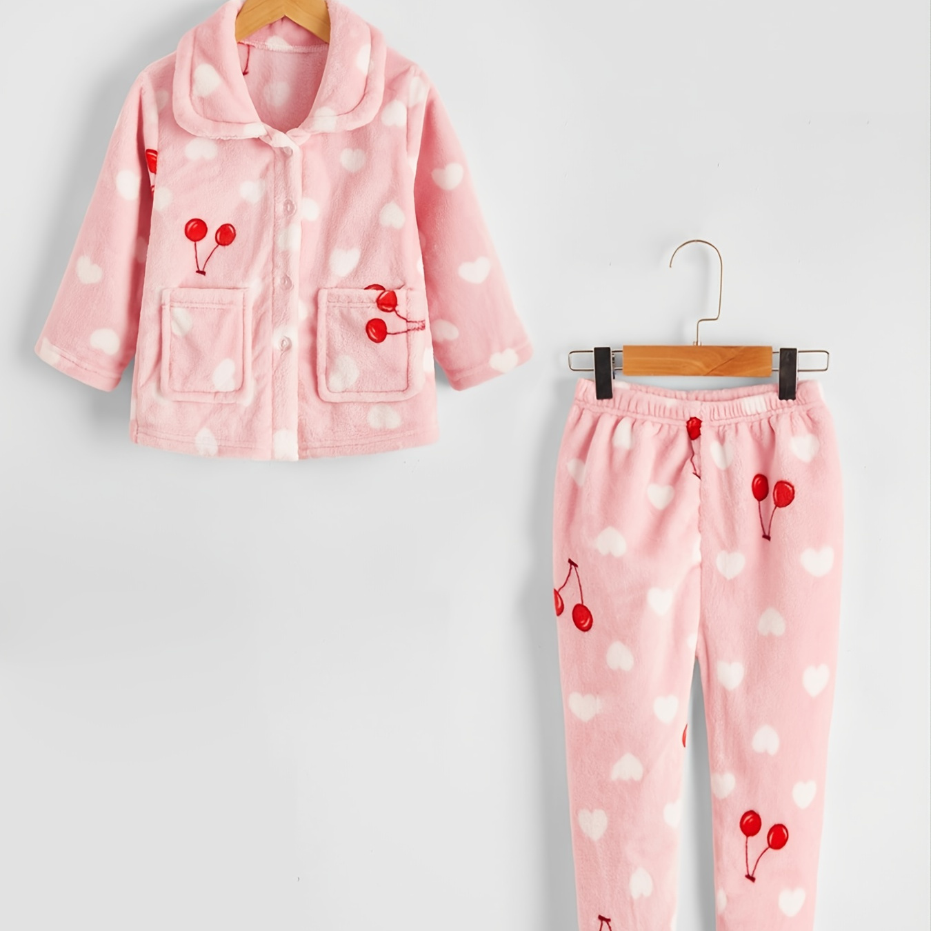 Kids Girls Heart Cherry Flannel Pajama Sets Pink | 90 Days Buyer ...