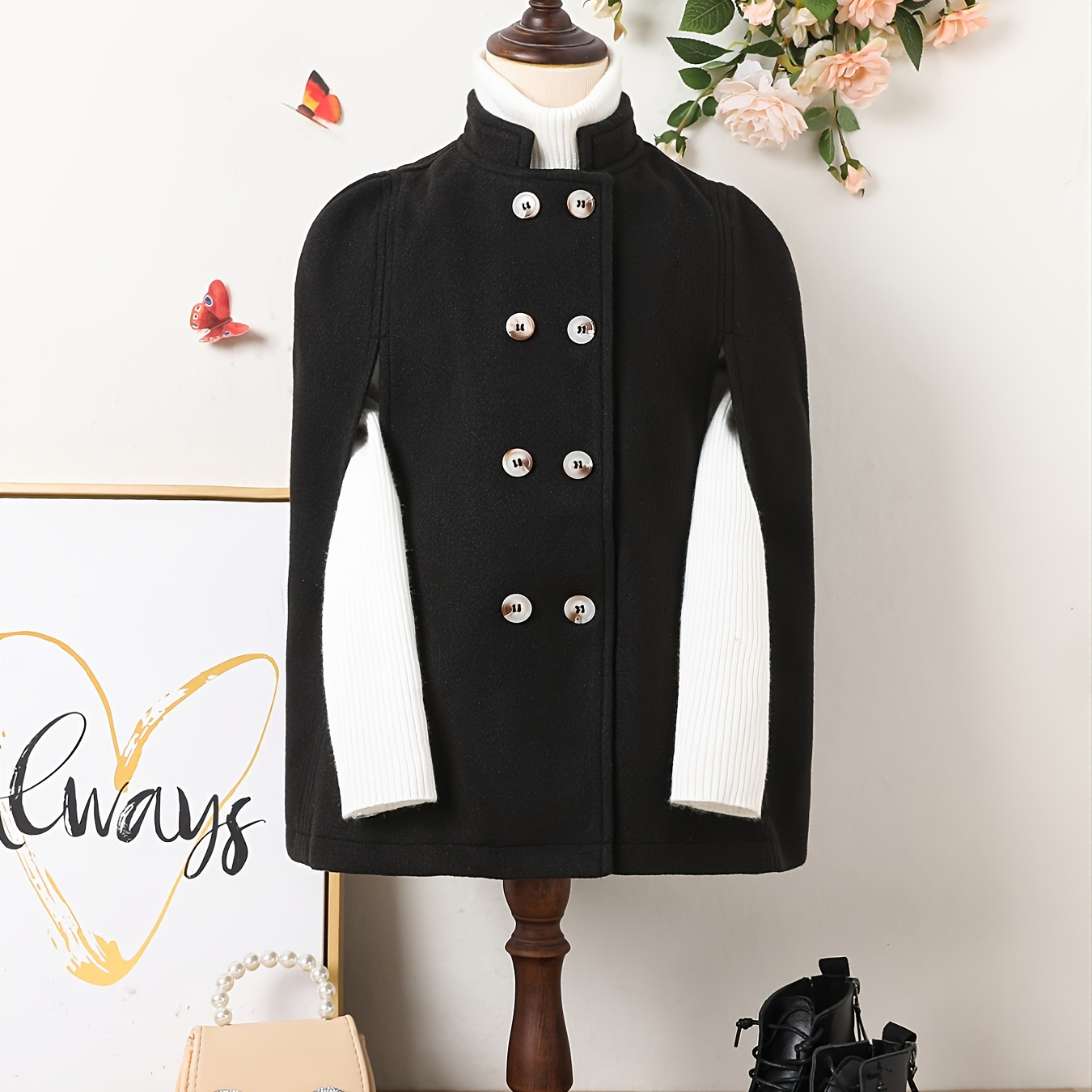 Autumn & Winter Kids Black Cloak Scrunchie Button Coat | Shop The ...