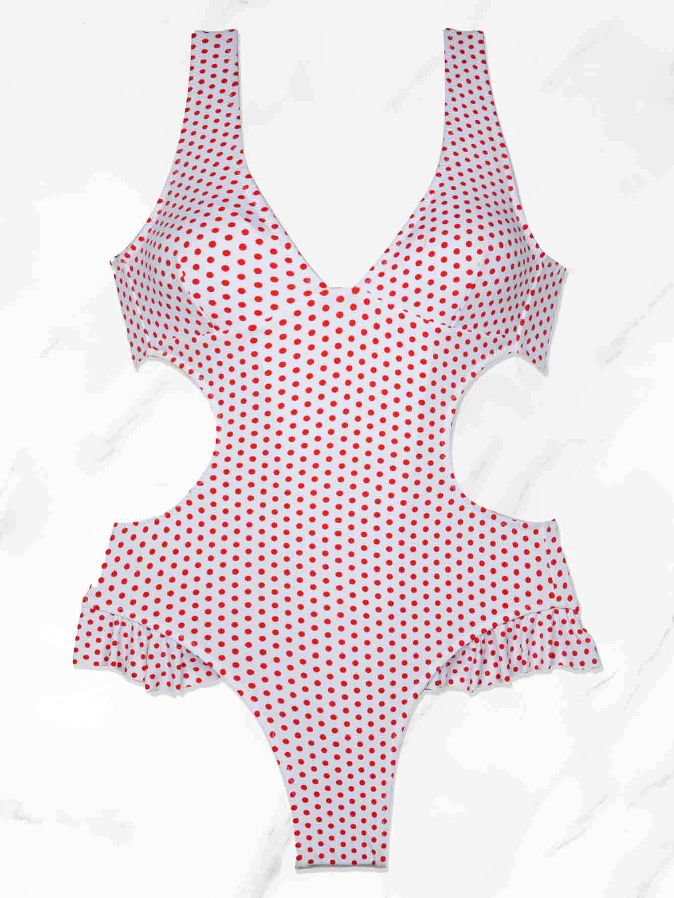 Polka Dot Cut Swimsuit Deep V Neck Lettuce Trim - Temu New Zealand
