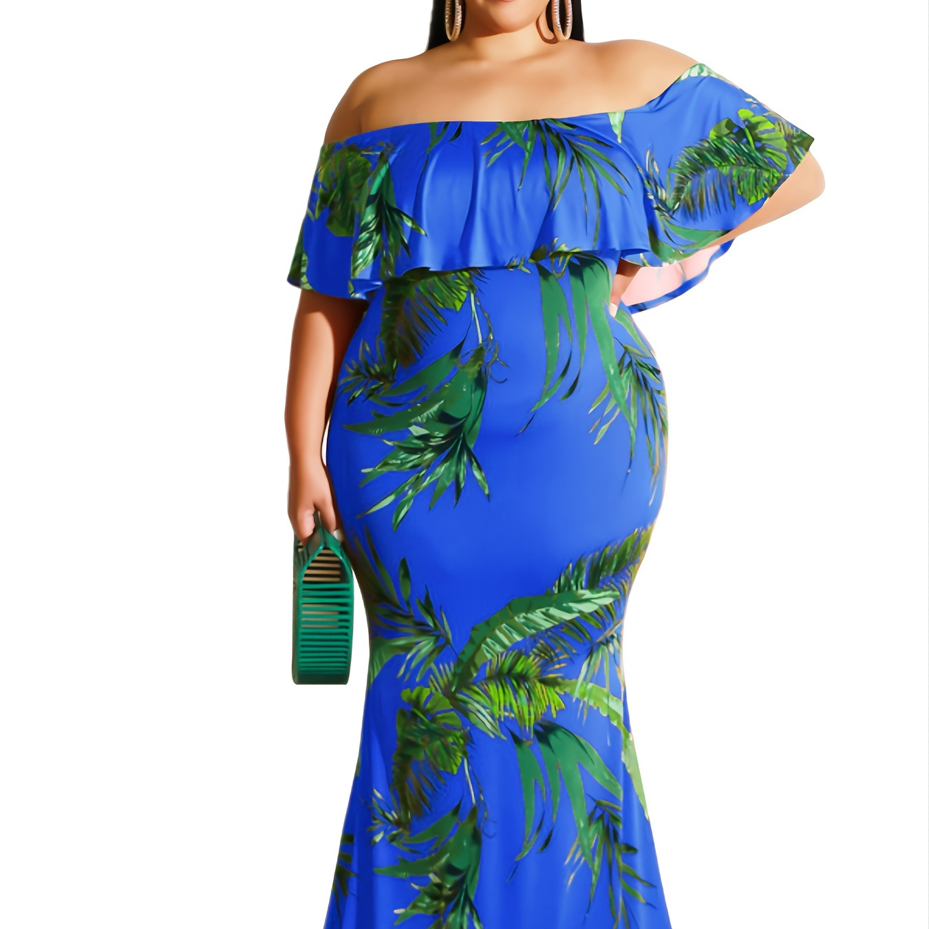Plus Size Tropical Print Ruffle Trim Maxi Bodycon Dress Women's Plus ...