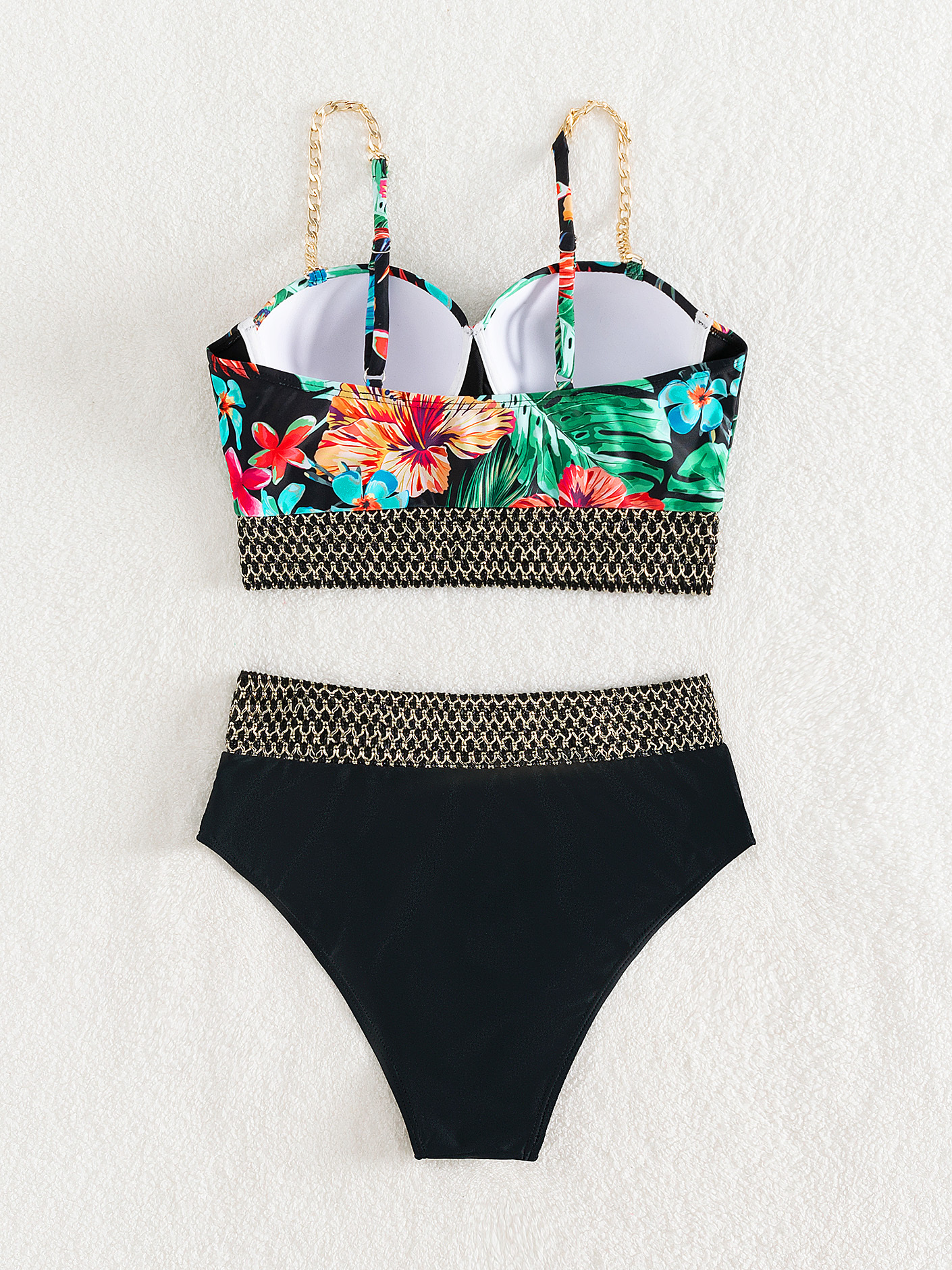 Floral Print Contrast Trim Bikini Sets Metal Chain - Temu New Zealand