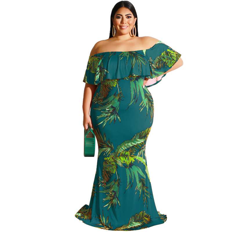 Plus Size Tropical Print Ruffle Trim Maxi Bodycon Dress - Temu United ...