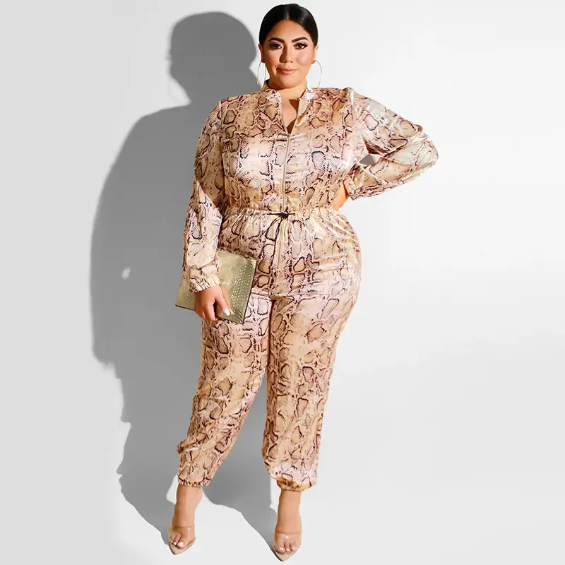 Plus Size Satin Leopard Print Zipper Front Tapered Jumpsuit Temu