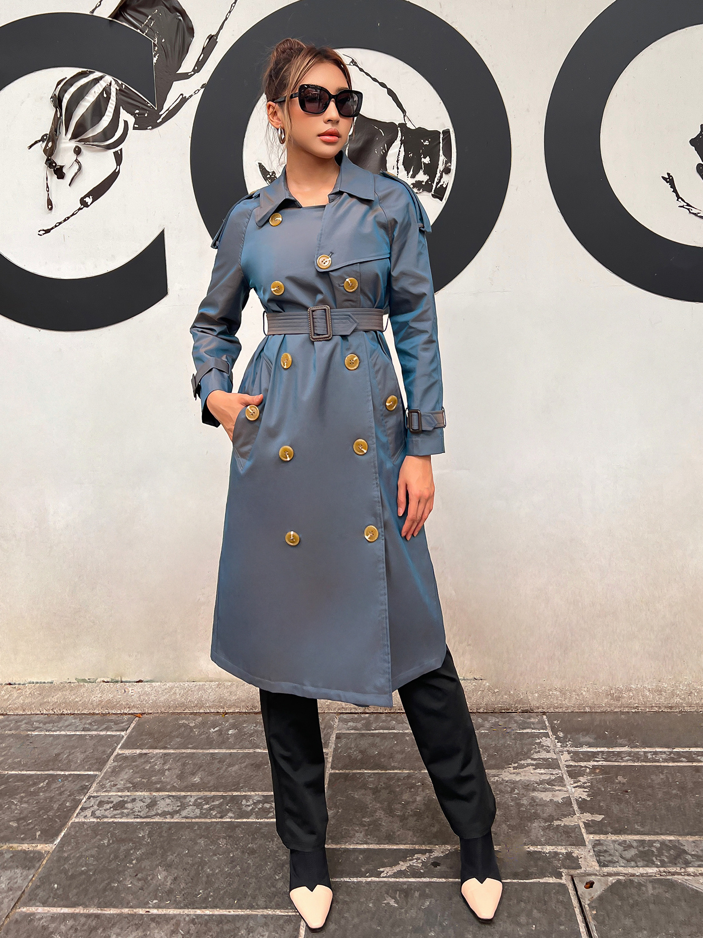 Double Breasted Trench Coat Metallic Glitter Casual Active - Temu ...