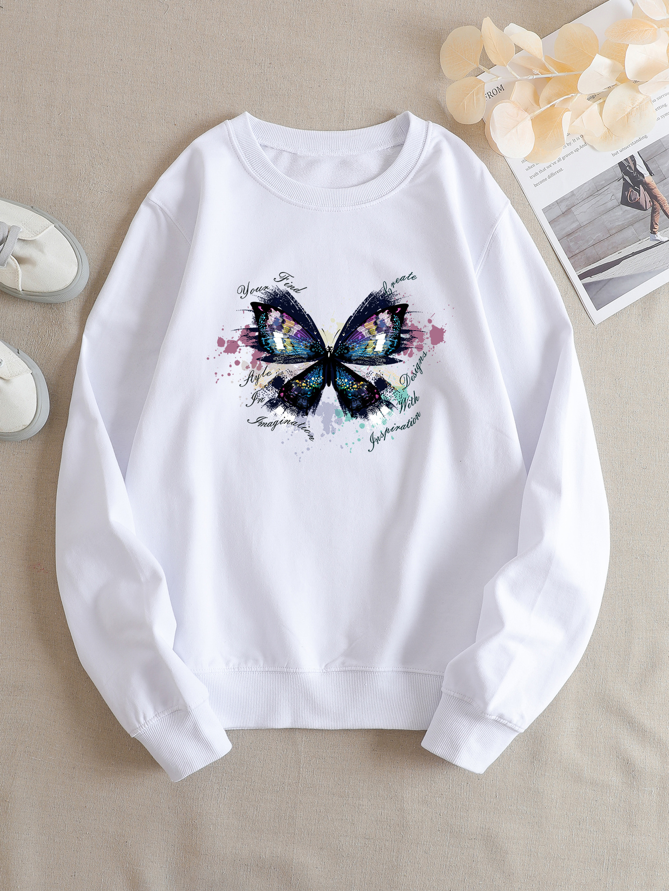 Butterfly Print Crew Neck Pullover Casual Fashion Loose Long - Temu ...