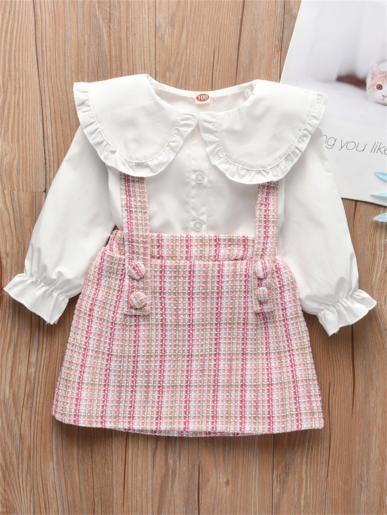 Girls Ruffle Round Collar Long Sleeve Shirt Suspender - Temu New Zealand