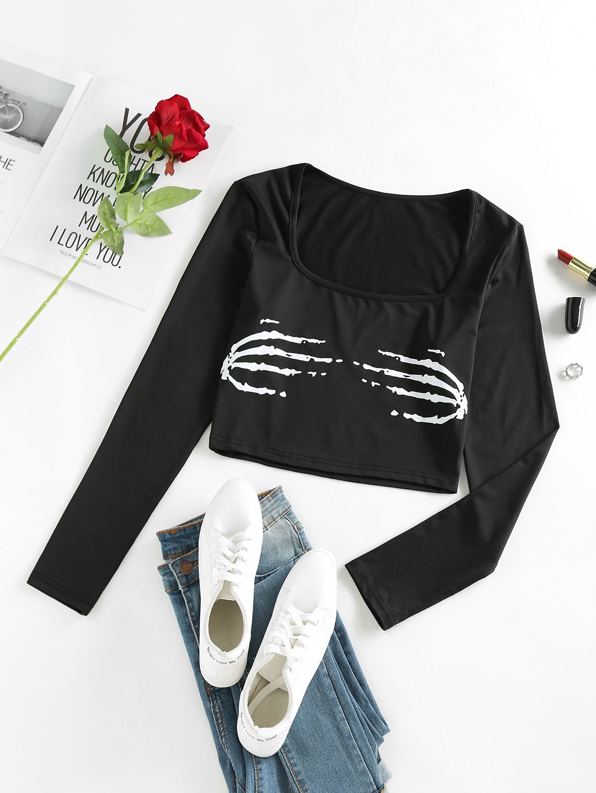 skeleton hand square neck tee casual long sleeve fashion - Temu Australia