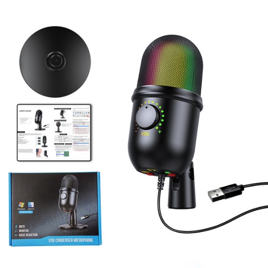 Usb 콘덴서 마이크 소음 감소 게임 전기 경쟁 더빙 녹음을위한 빛나는 Rgb 마이크 라이브 가라오케 Temu