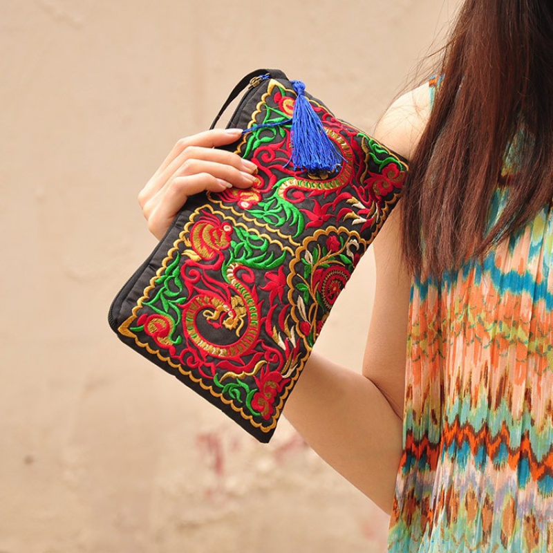 Women's Embroidered Wallet, Niche Vintage Zip Clutch, Large Capacity ...