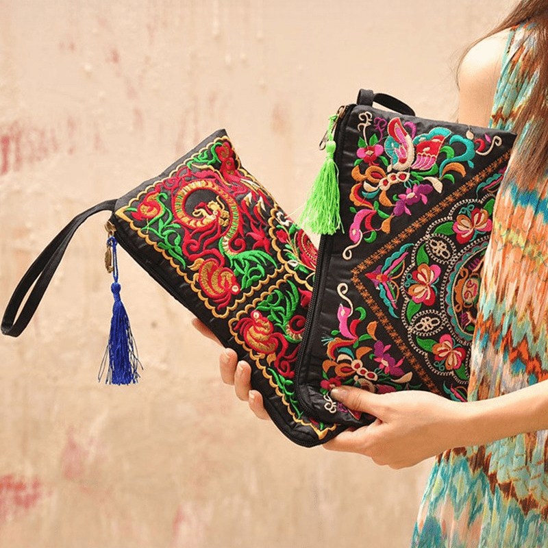 Women's Embroidered Wallet, Niche Vintage Zip Clutch, Large Capacity ...