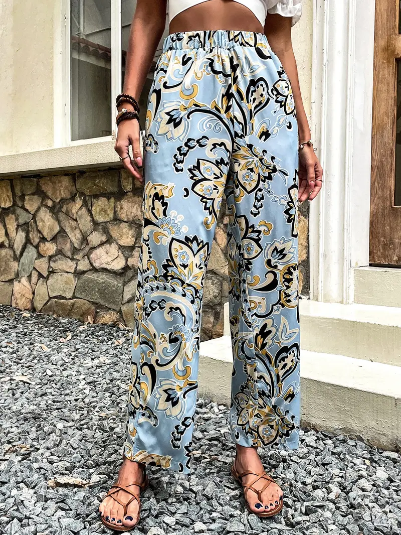 Womens Floral Print Elastic Pants High Waist Wide Leg Pants Temu