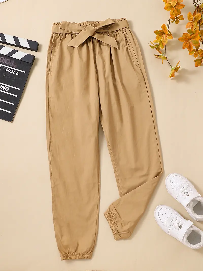 Girls Solid Casual Loose Sweatpants Bow Belt Elastic Waist Temu