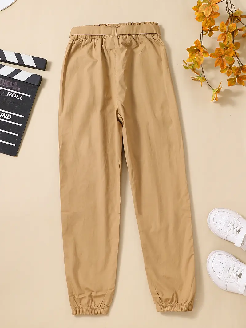 Girls Solid Casual Loose Sweatpants Bow Belt Elastic Waist Temu
