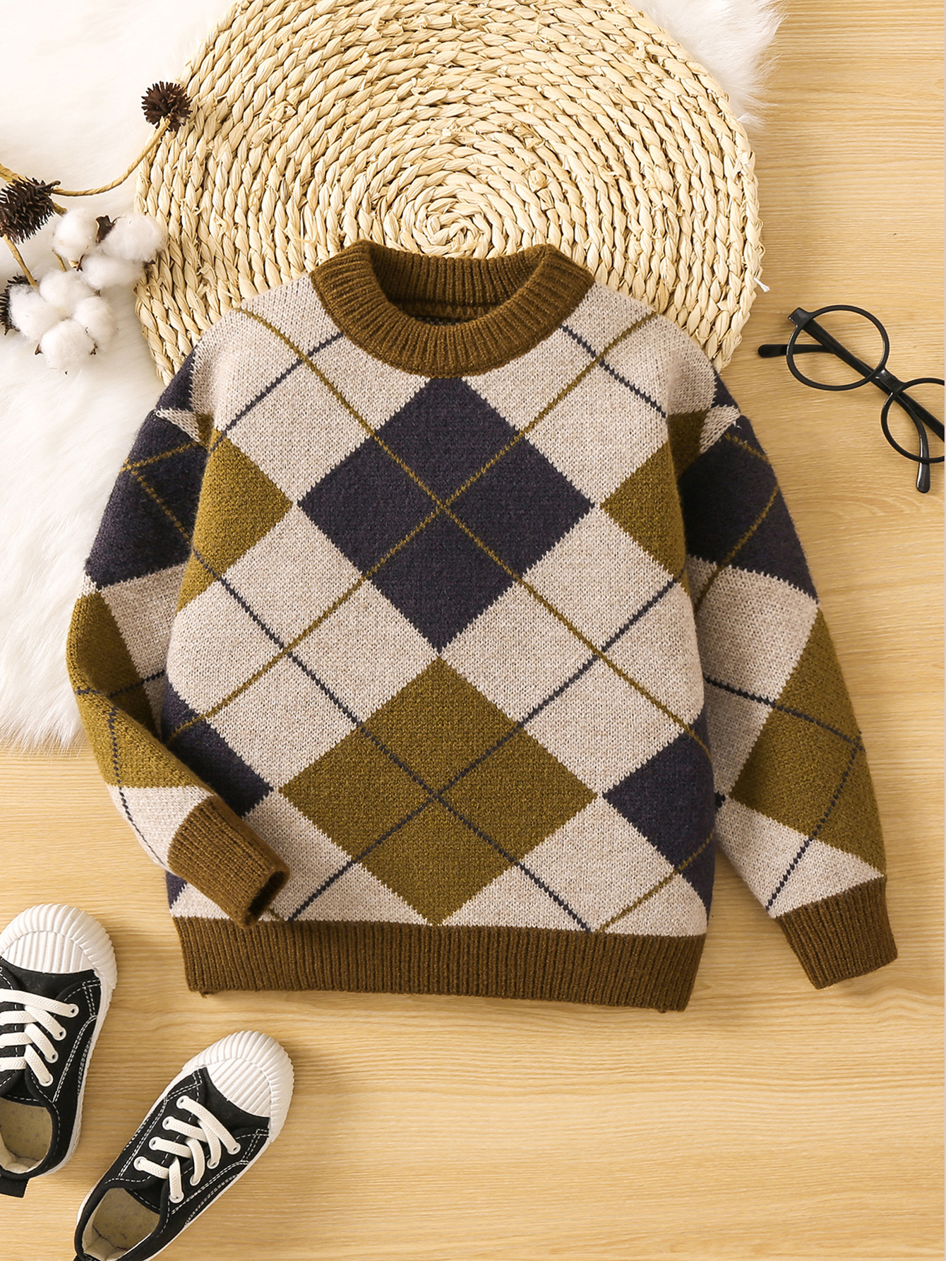 Toddler Boys Girls Argyle Pattern Sweater Round Neck Knitted - Temu New Zealand