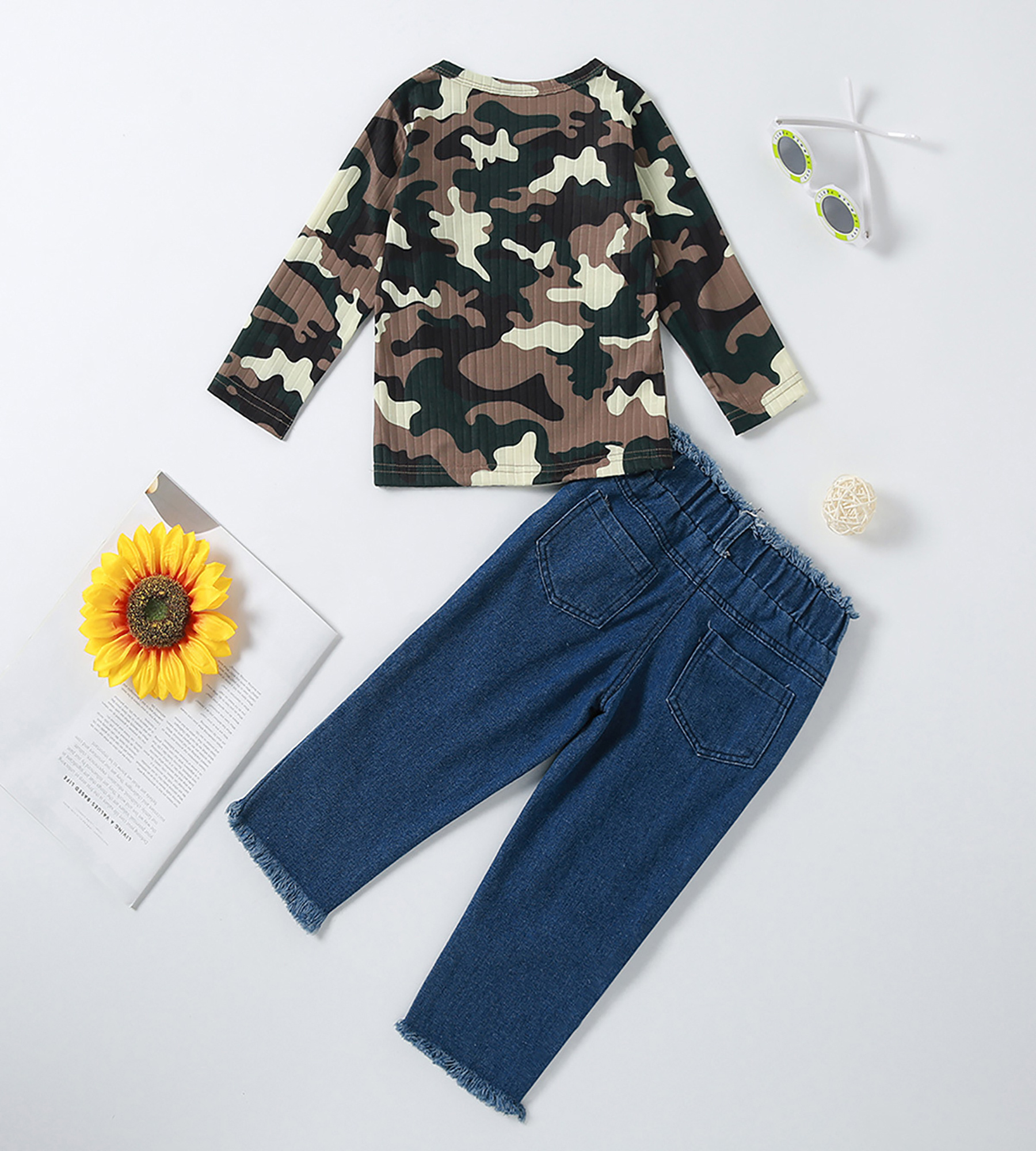 Girls Camo Sleeve + Ripped Hem Jeans Set Kids - Temu Australia