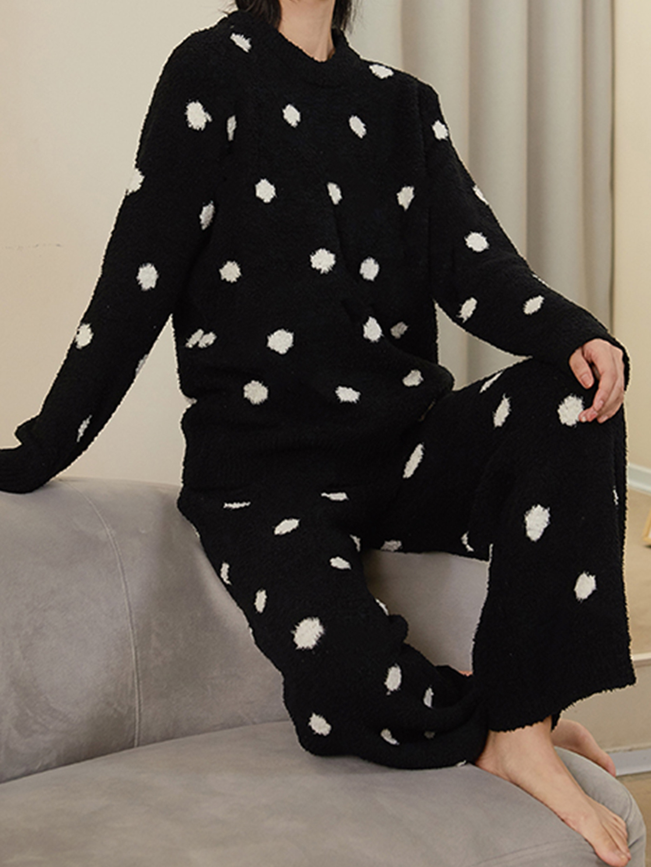 Warm Thermal Polka Dot Pattern Loungewear Long Sleeve Loose - Temu New ...