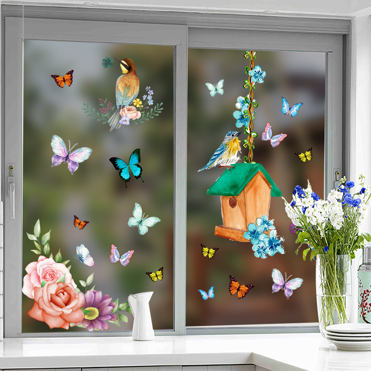 1pc/2pcs Visible Decorative Wall Stickers, Flower Butterfly Static ...