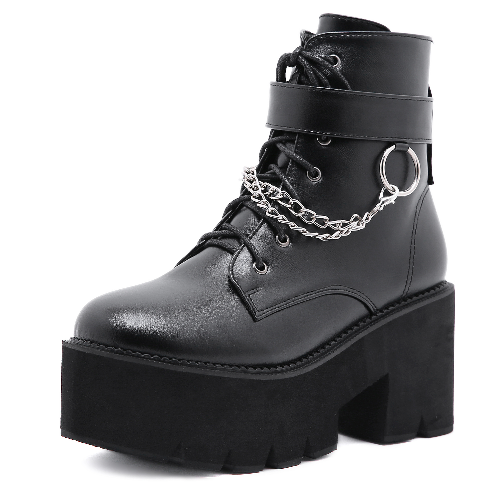 Women's Combat Boots Solid Chain Platform Thick Sole Zipper Lace Up ...