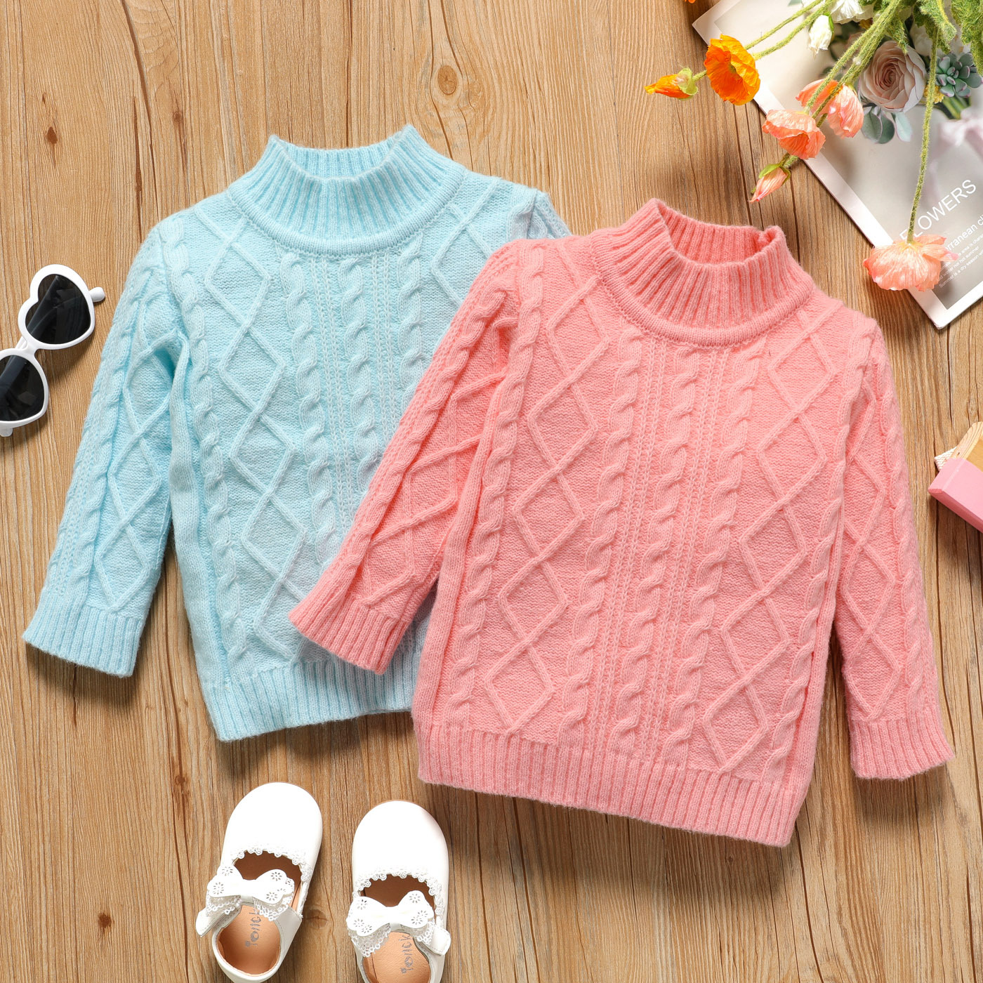 Girls Solid Color Mock Neck Long Sleeve Knitted Sweater Kids - Temu Ireland
