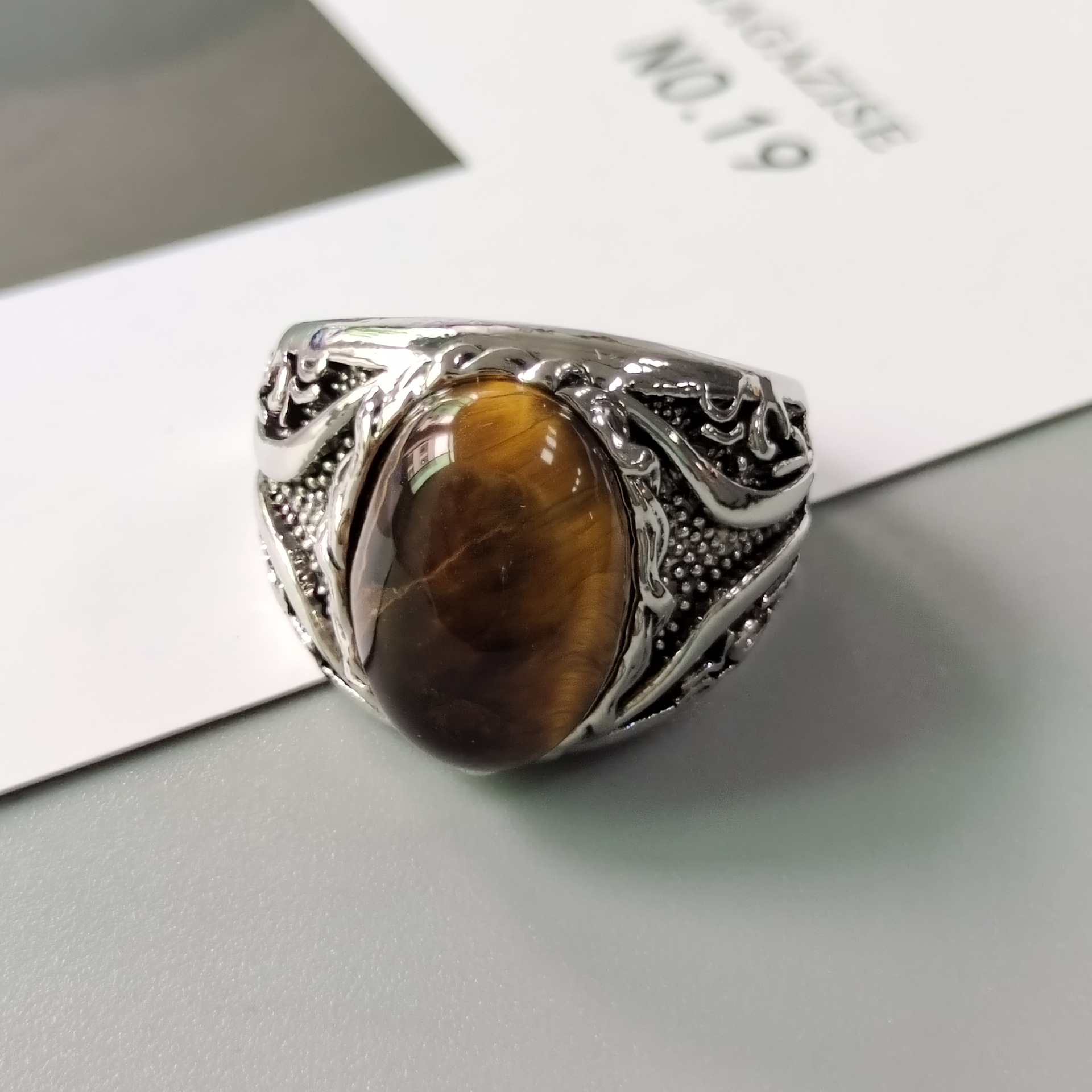 Vintage Pattern Brown Tiger Eye Stone Ring Punk Style Ring - Temu ...