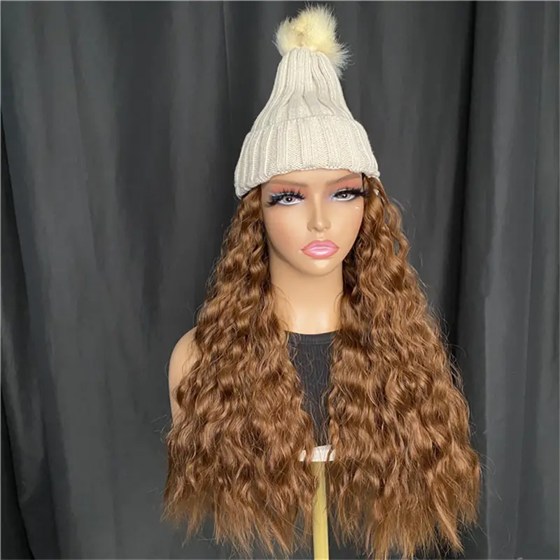 Knitted Beanie Wig Hat Hair Extension Long Wavy Curly Warm Temu
