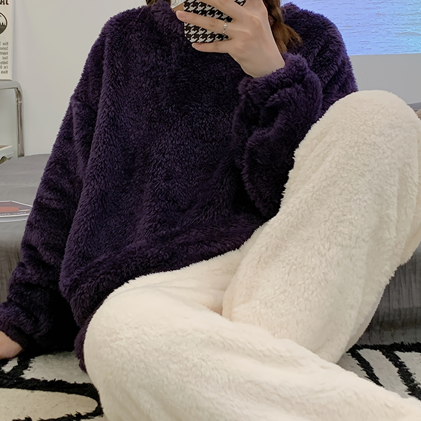 Solid Crew Neck Pullover Sleepwear, Women's Fuzzy Loungewear Pants ...