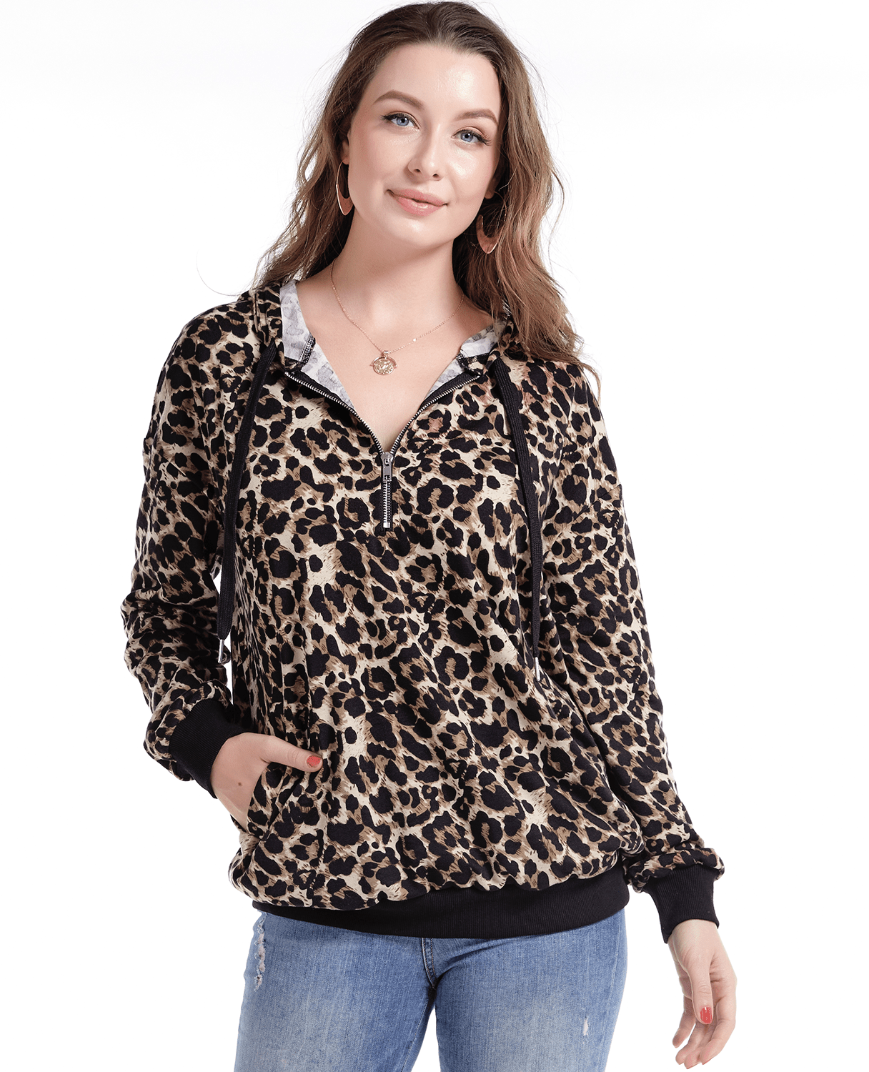 Leopard Print Kangaroo Pocket Hoodie Long Sleeve Drawstring - Temu