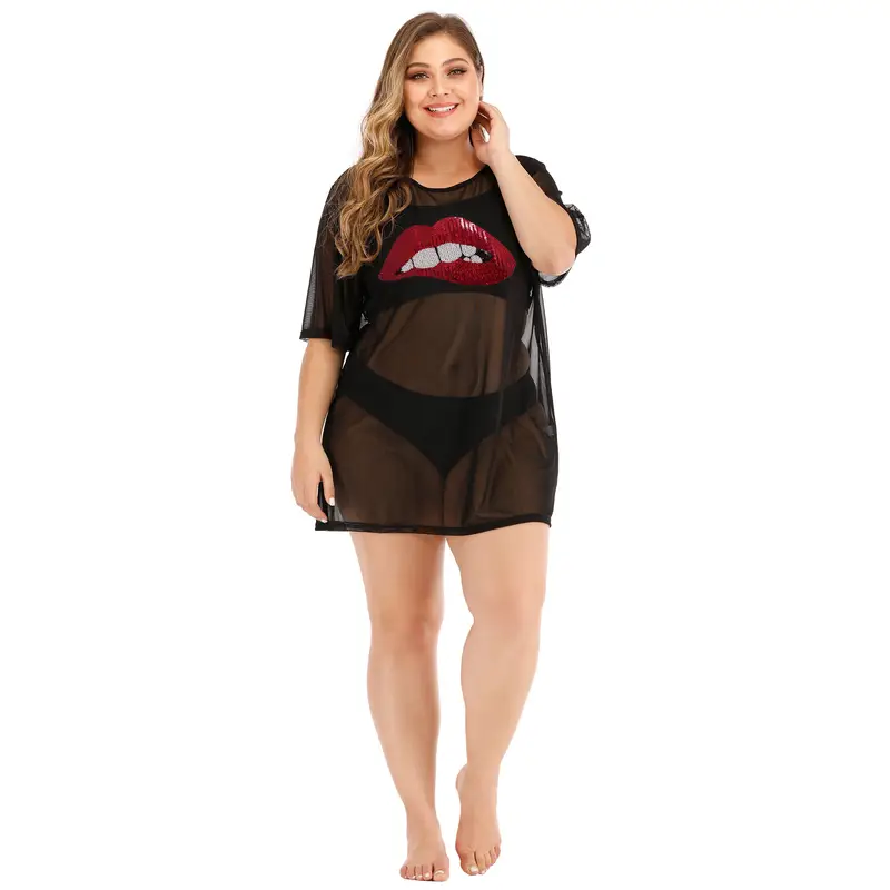 Plus Size Sequin Lip Print Semi Sheer Cover Ups Womens Plus Temu
