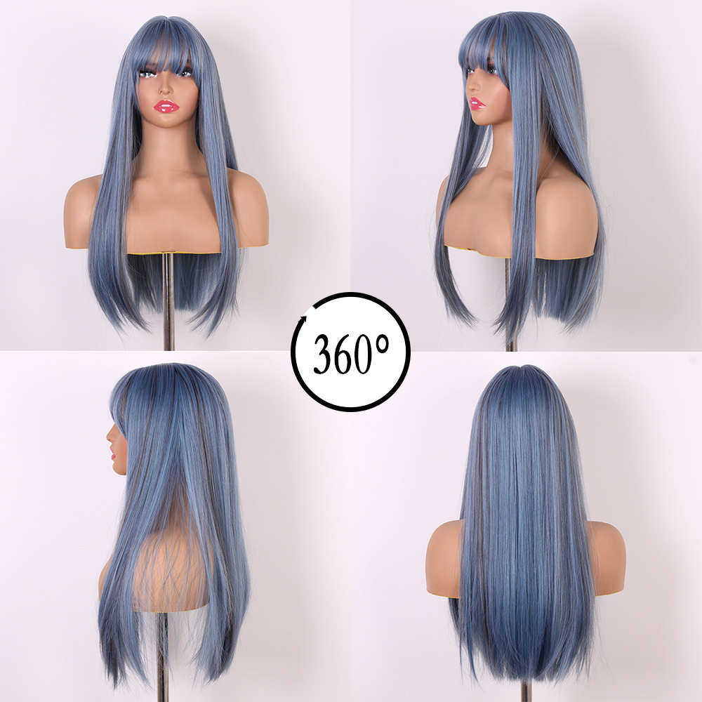 Long Straight Blue Wig With Bangs For Women Perfect For - Temu
