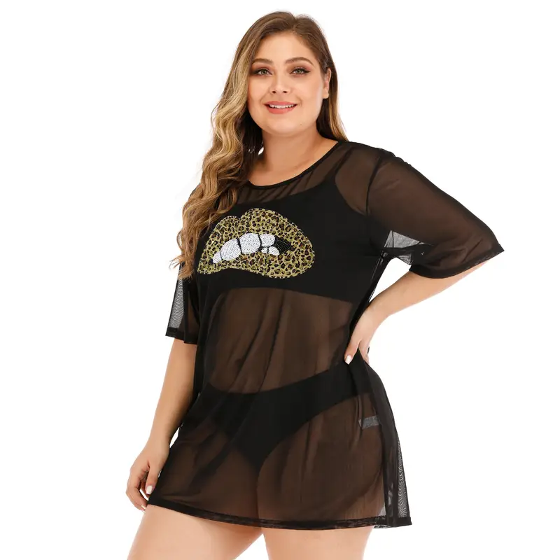 Plus Size Sequin Lip Print Semi Sheer Cover Ups Womens Plus Temu