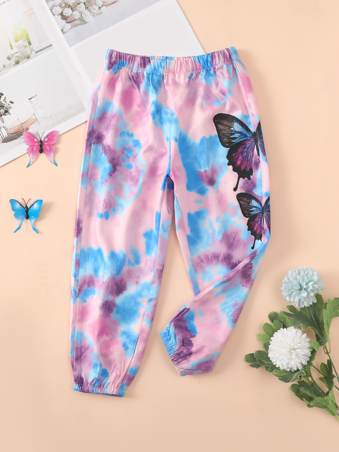 baby girls sweatpants waist butterfly print tie dye - {region_name}