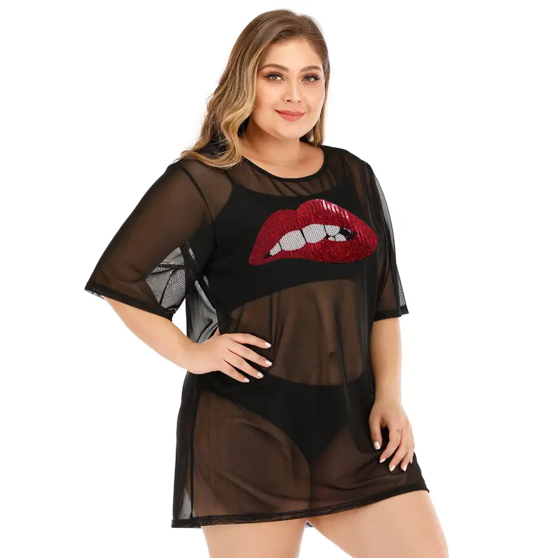 Plus Size Sequin Lip Print Semi Sheer Cover Ups Womens Plus Temu