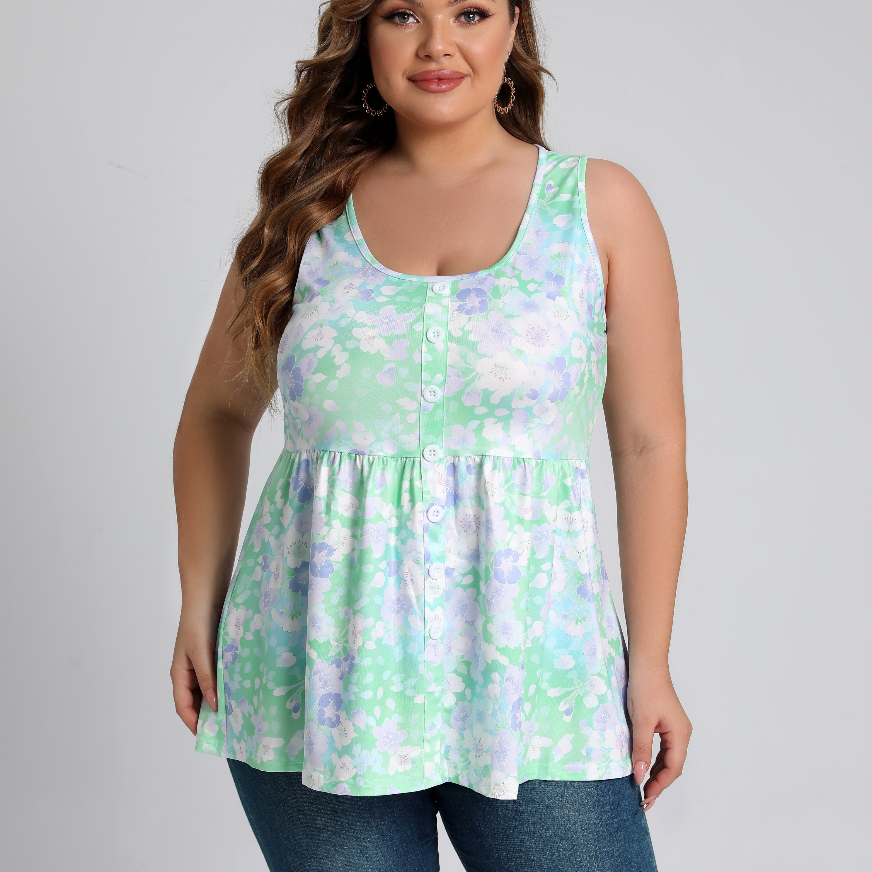 Plus Size Floral Print Peplum Tank Tops Womens Plus Medium Stretch
