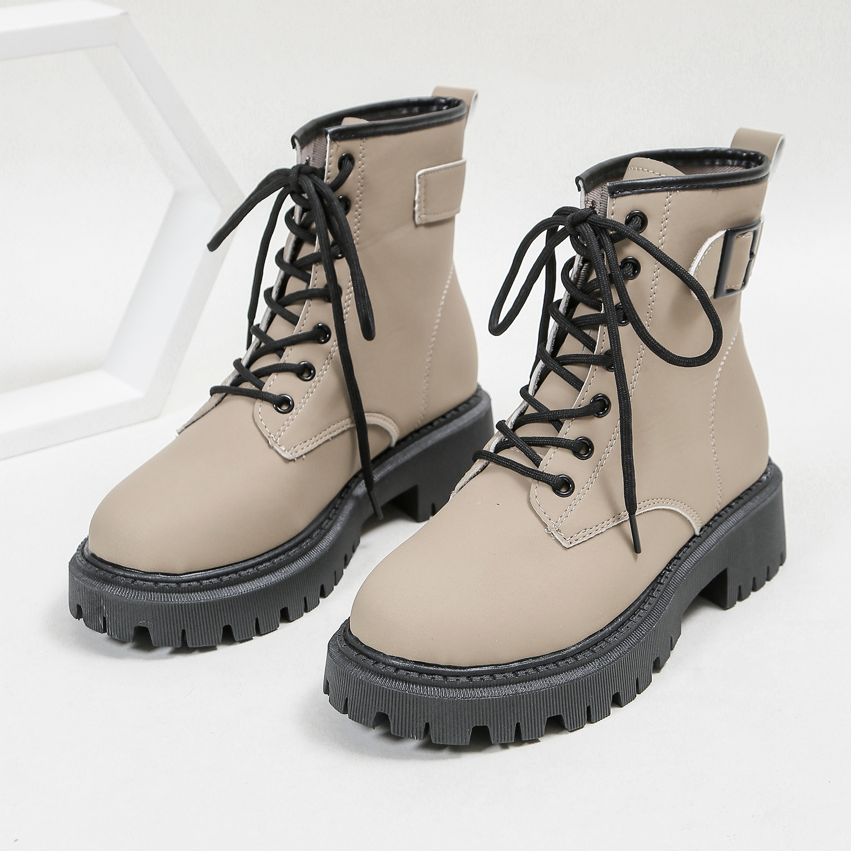 Women's Platform Combat Boots Lace Up Metal Buckle Decor Ankle Boots ...