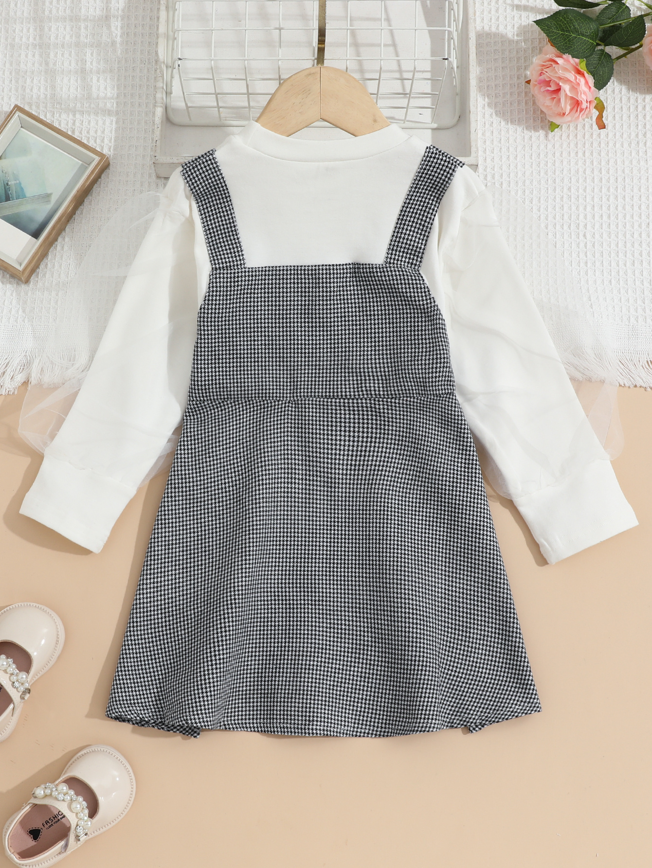 Girls Elegant Stitching Plaid Bow Suspender Dress Mesh - Temu United ...