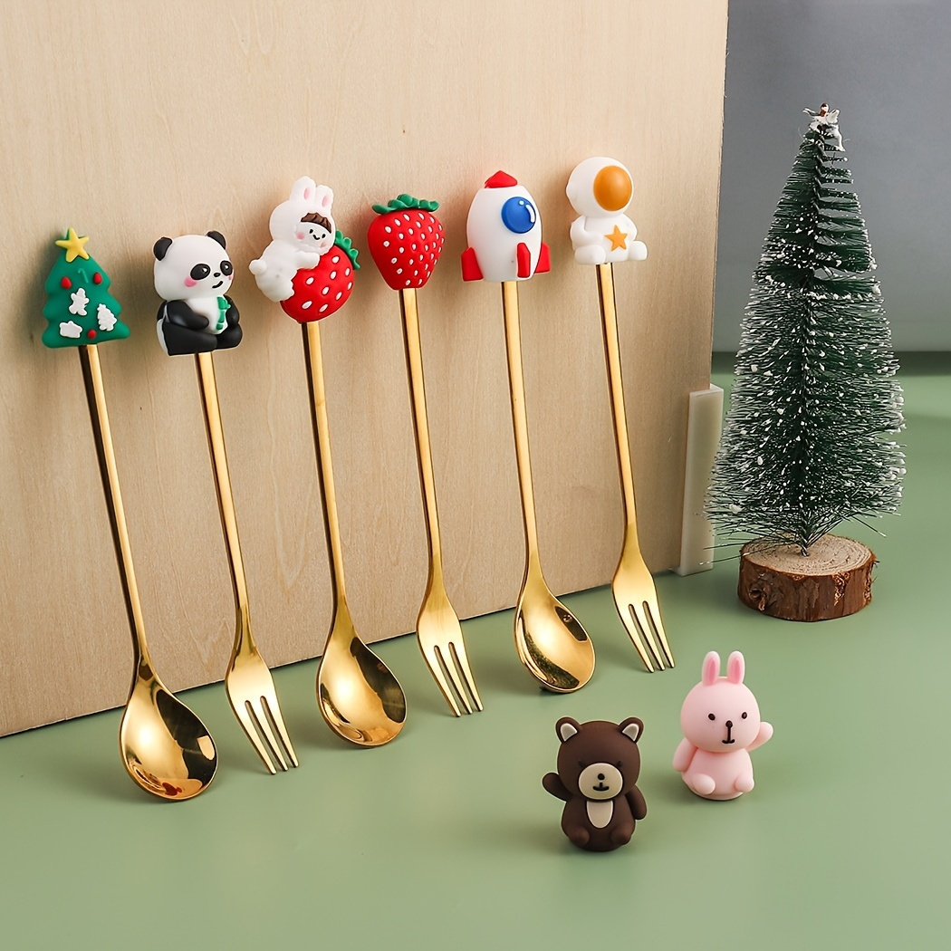 set, christmas spoon and fork set, christmas dessert set, cute doll ...