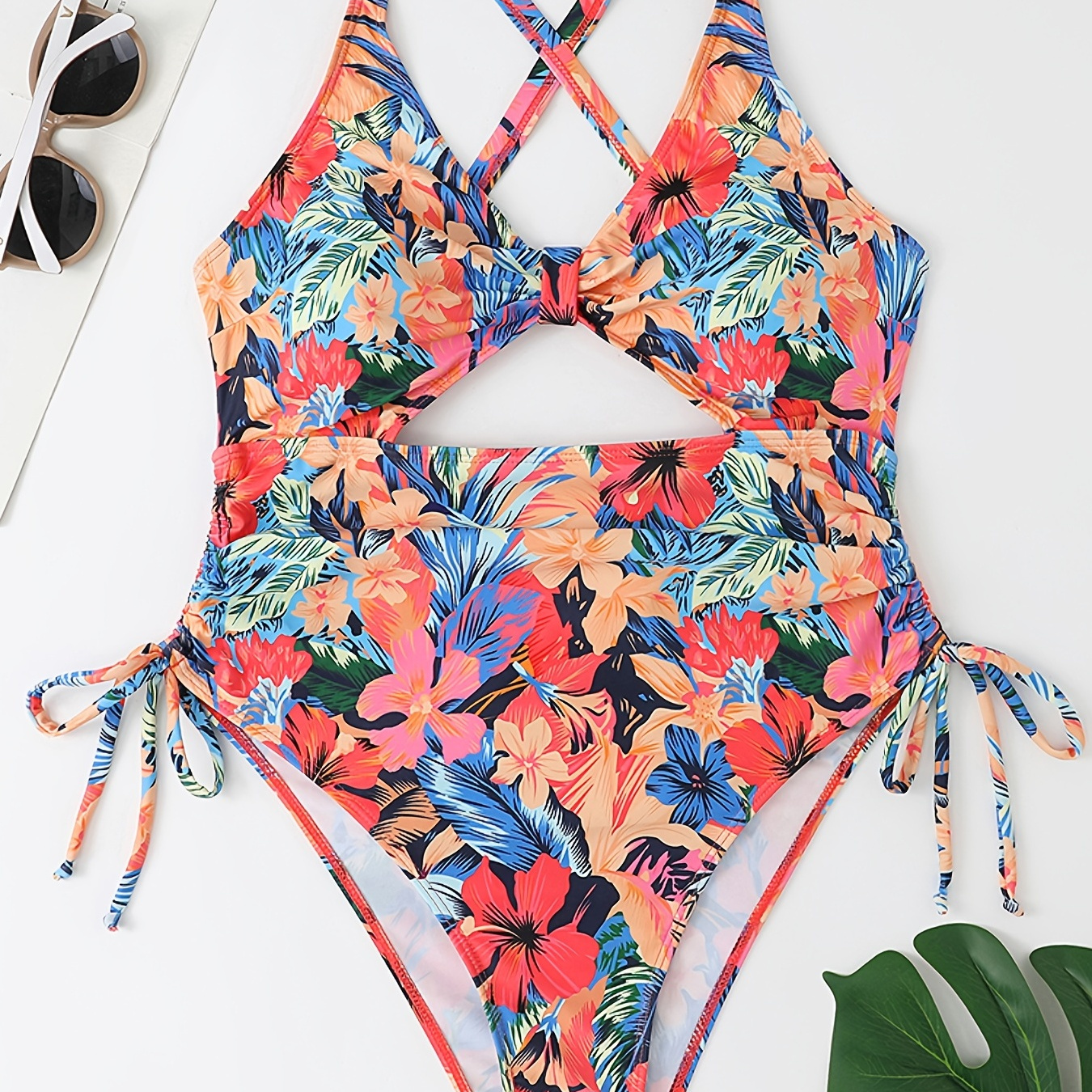 Plus Size Criss Cross Back Tropical Print Side Drawstring Cut Out One