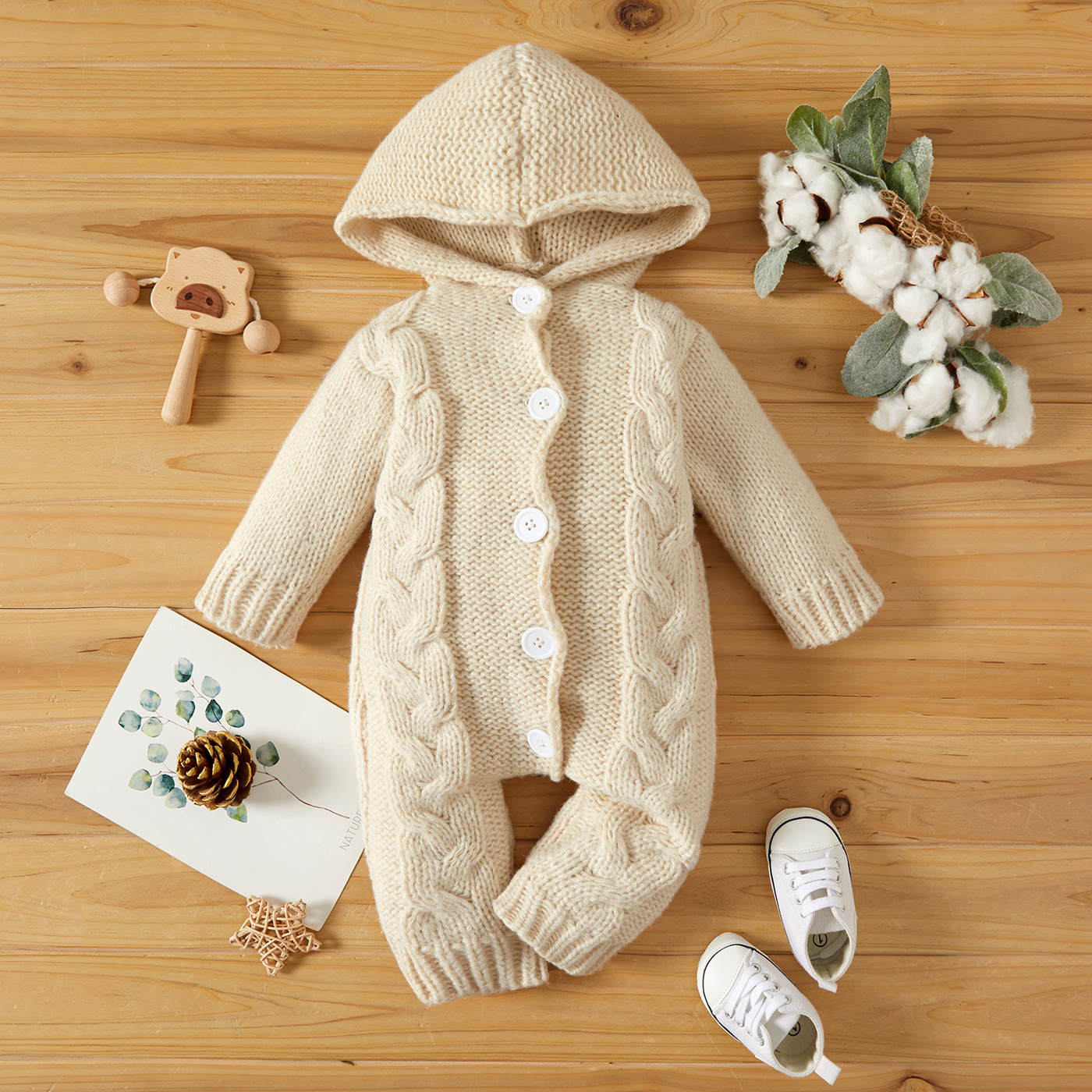 Baby Hooded Sweater Button Warm Jumpsuit Cable - Temu New Zealand